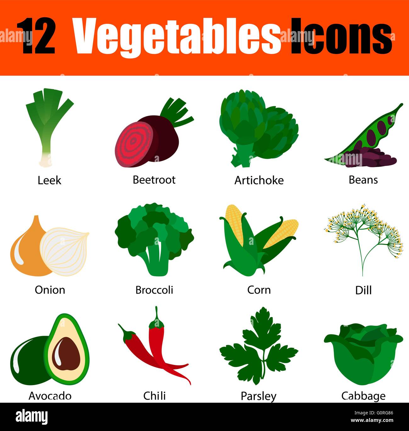 Flat design vegetables icon set with titles in ui colors. Vector ...