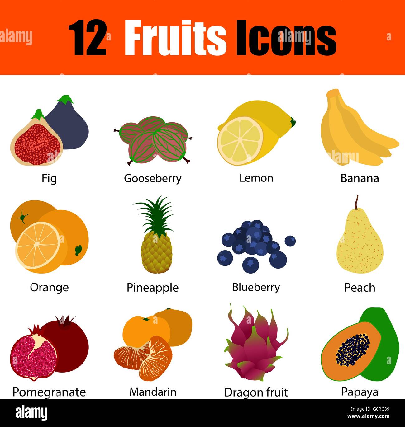 Flat design fruit icon set with titles in ui colors. Vector ...