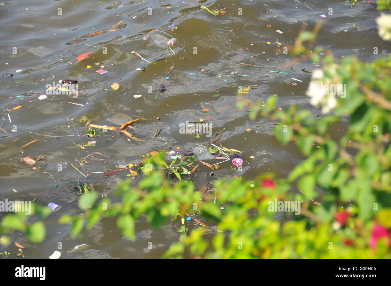Plastic waste floating down a river causing pollution in a river in ...
