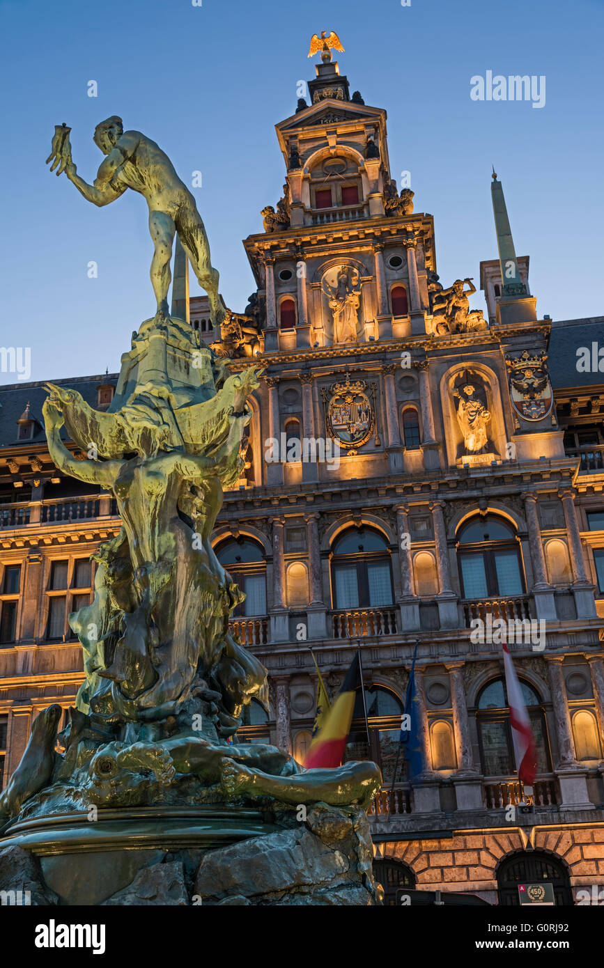 Brabo Fountain and Town Hall Grote Markt Antwerp Belgium Stock Photo ...