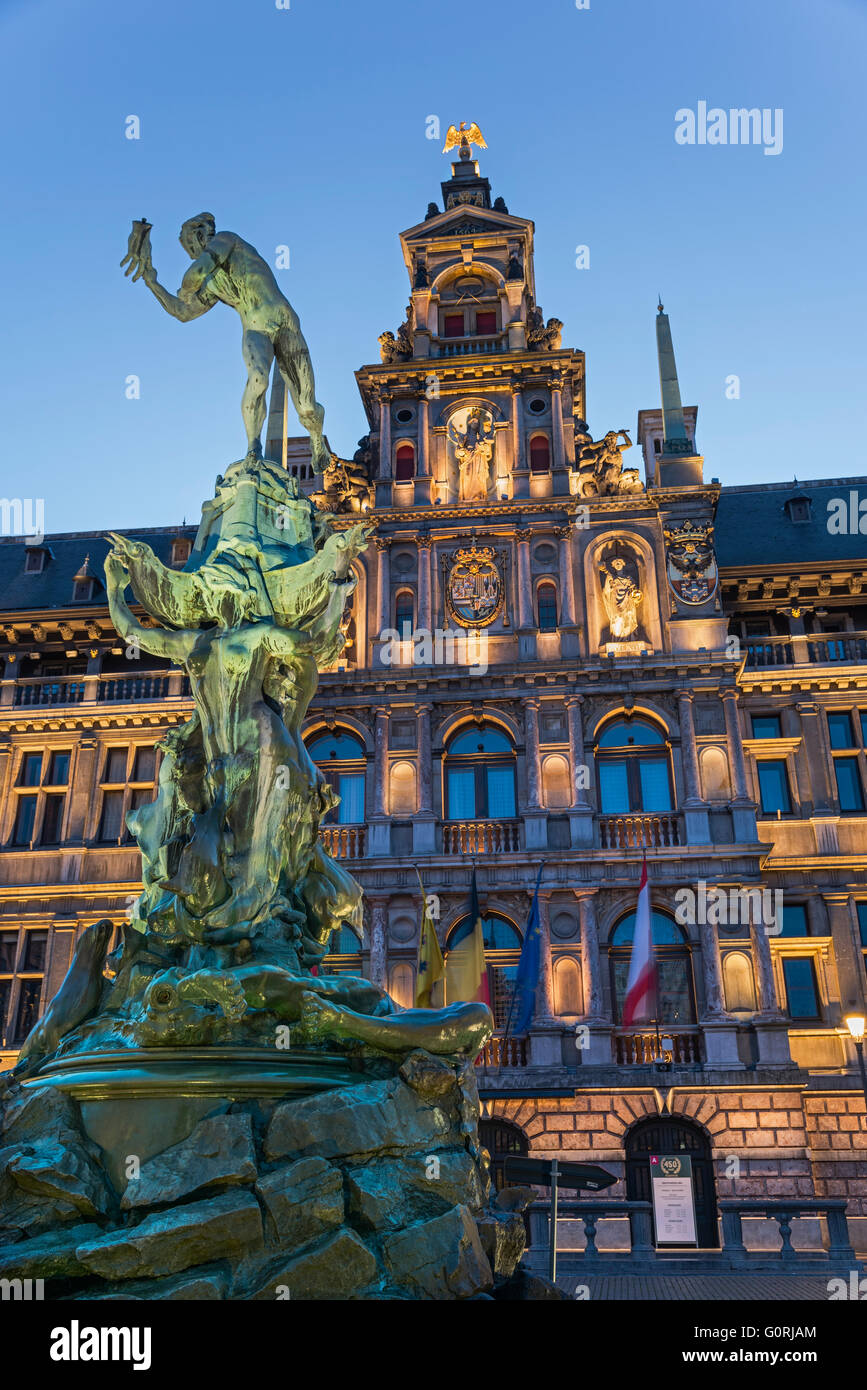 Brabo Fountain and Town Hall Grote Markt Antwerp Belgium Stock Photo ...