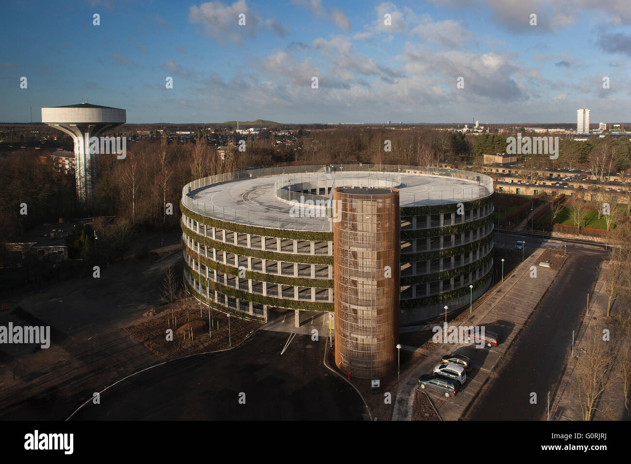 Parking facility, Glostrup Hospital, Copenhagen. The round building ...