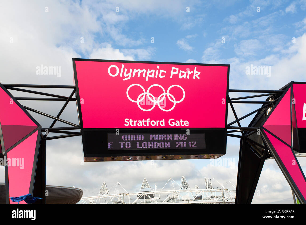 Welcome sign over Stratford Gate entrance to Queen Elizabeth Olympic ...