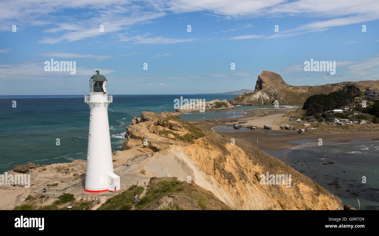 Castlepoint Lighthouse look out over the small bay that fishing boats ...
