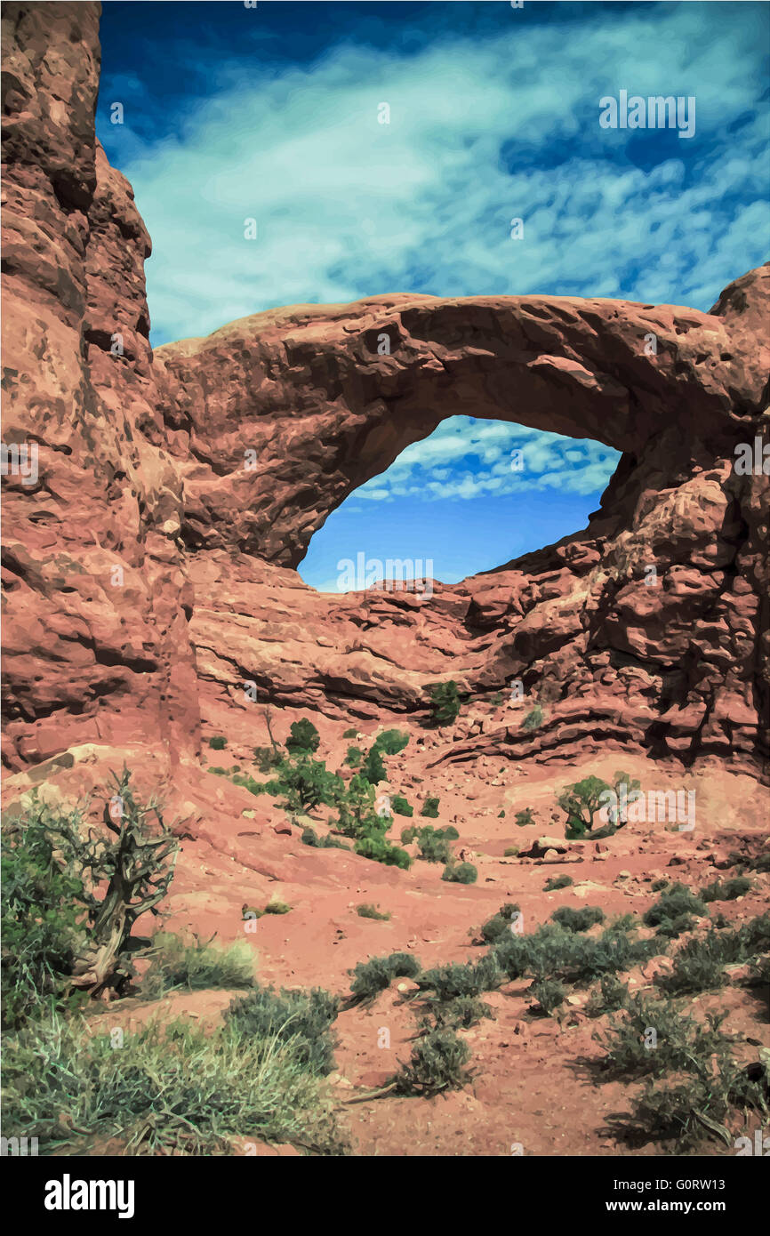 Famous Arch in Arches National Park, Moab, Utah with blue sky and red ...