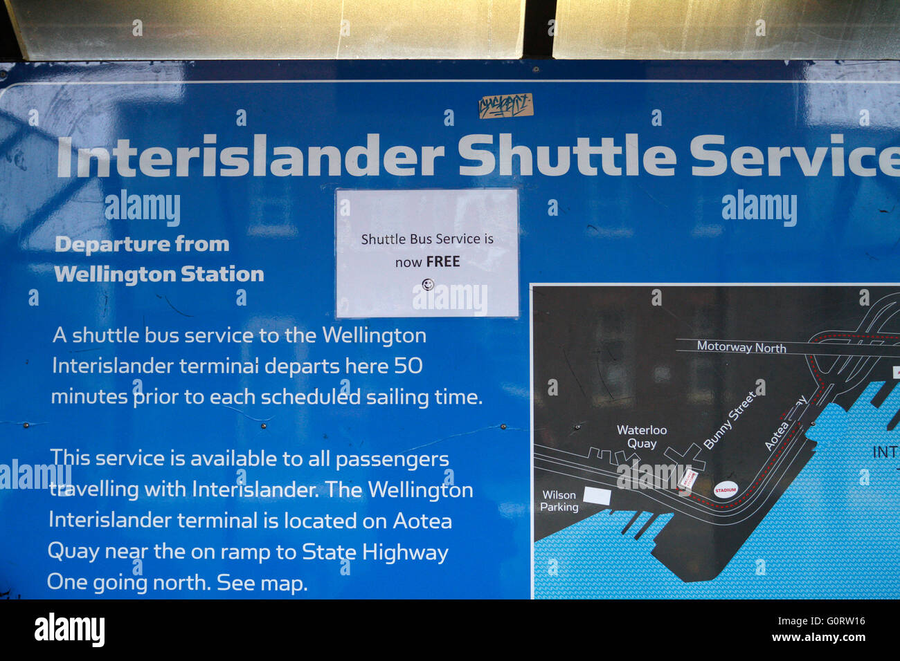 Interislander service in Wellington announcing free bus shuttle service ...