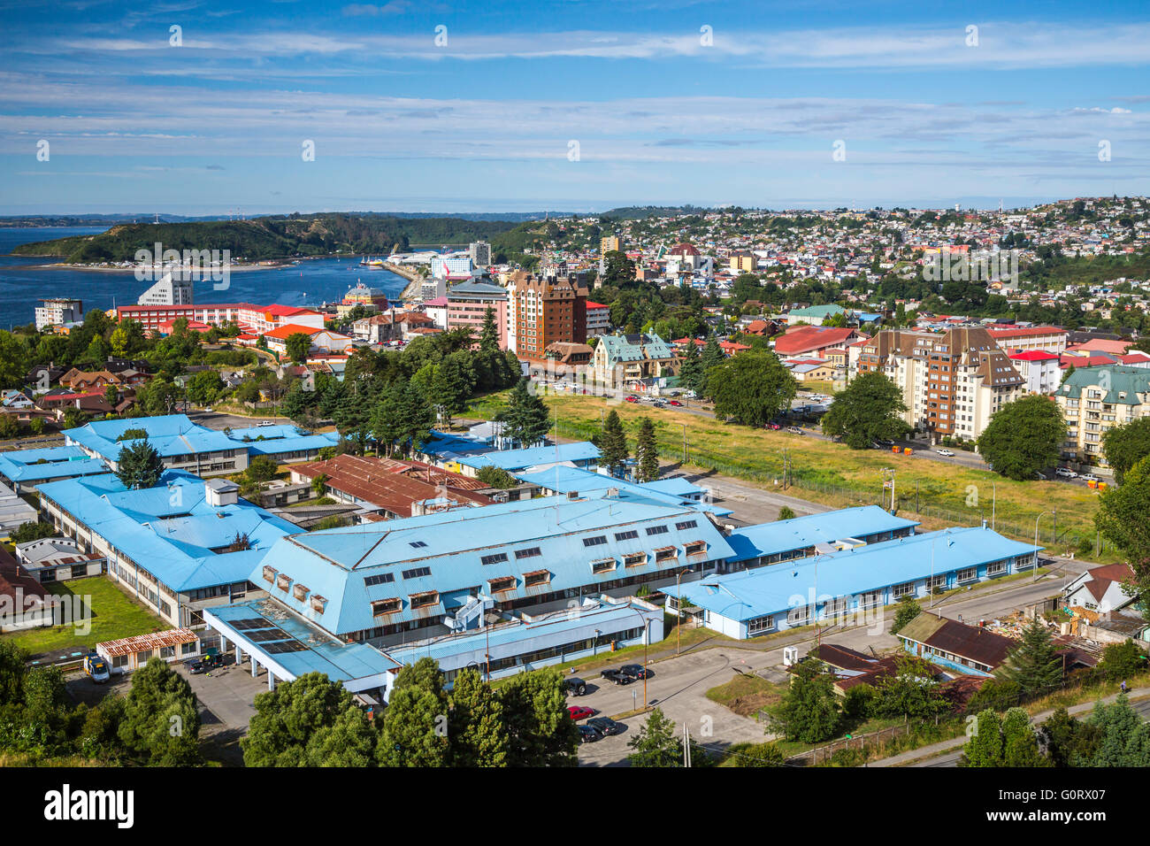 An aerial skyline view of Puerto Montt, Chile from and elevated ...