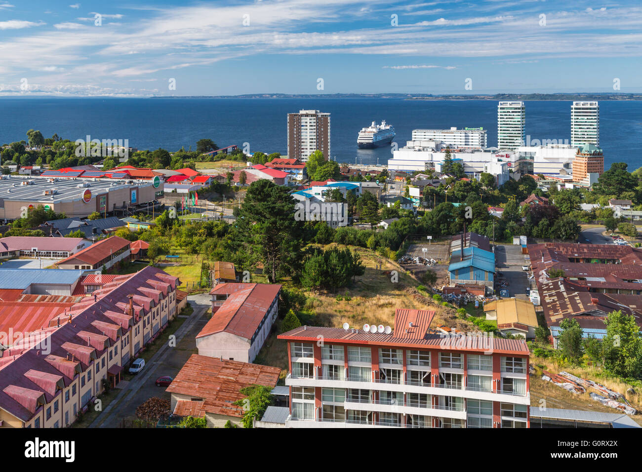 An aerial skyline view of Puerto Montt, Chile from and elevated ...