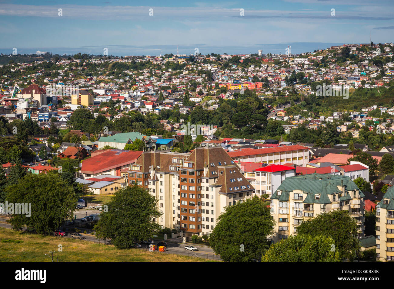 An aerial skyline view of Puerto Montt, Chile from and elevated ...