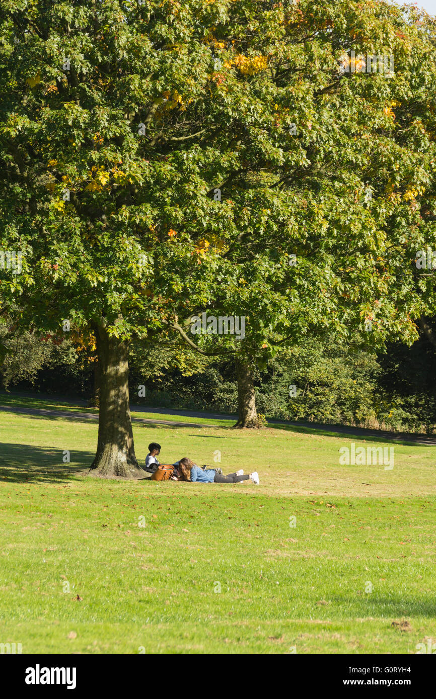 Three young people relax under an oak tree in Queens Park, Bolton on a ...