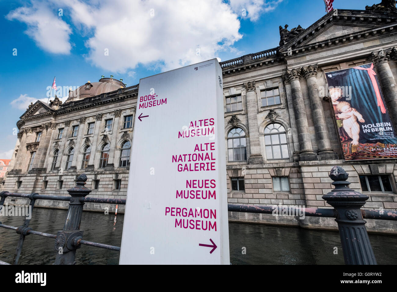 Tourist direction sign pointing way to various museums on Museumsinsel ...