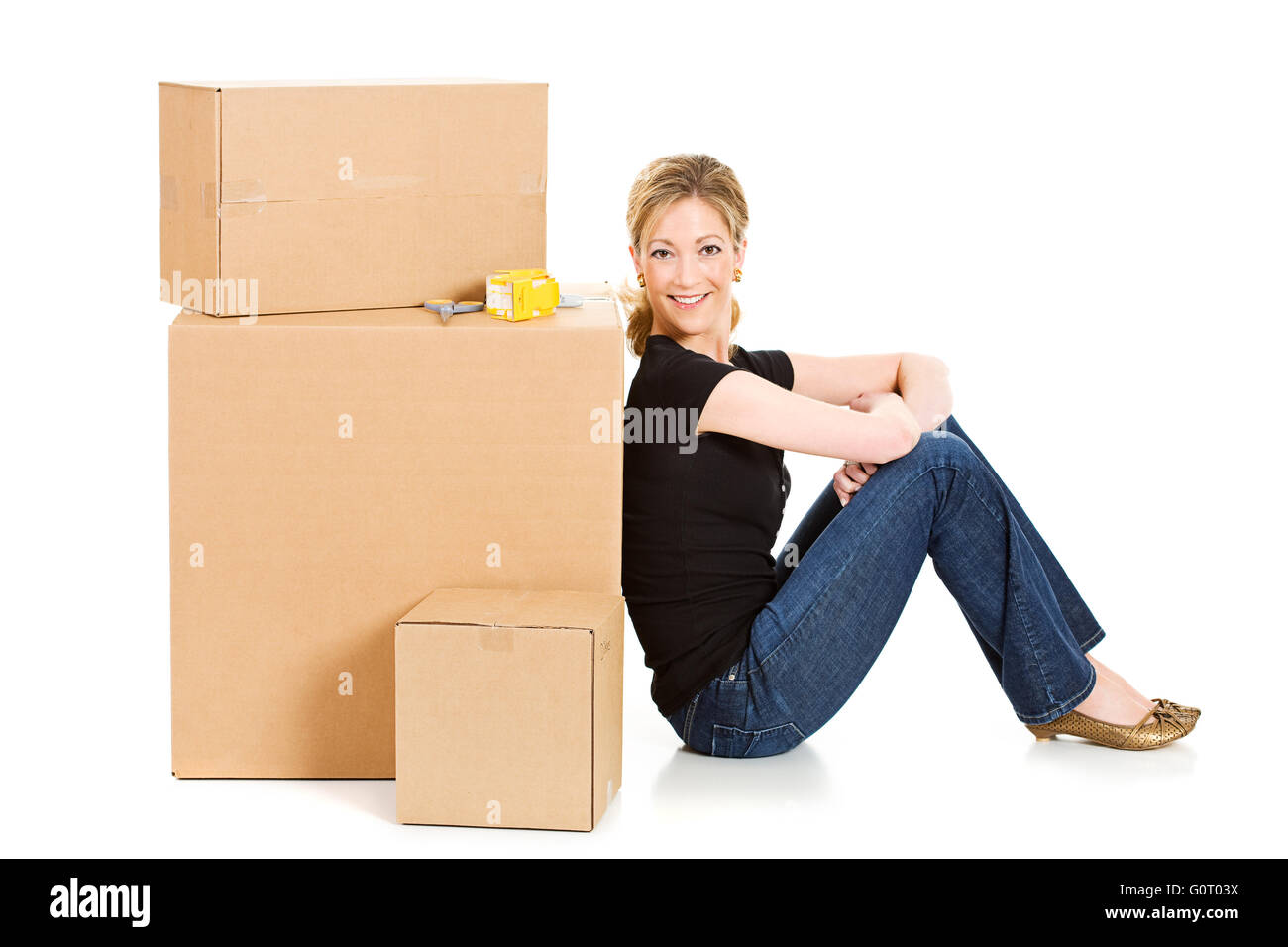 Pretty woman in various poses with carboard boxes. Good for packing ...
