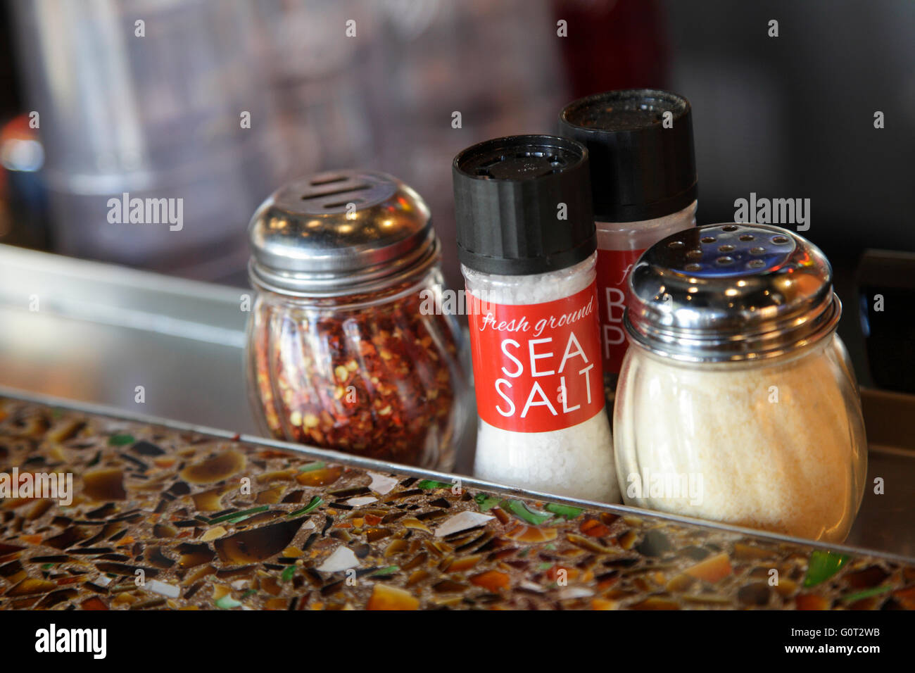 Sea salt, condiments in a restaurant, USA Stock Photo - Alamy