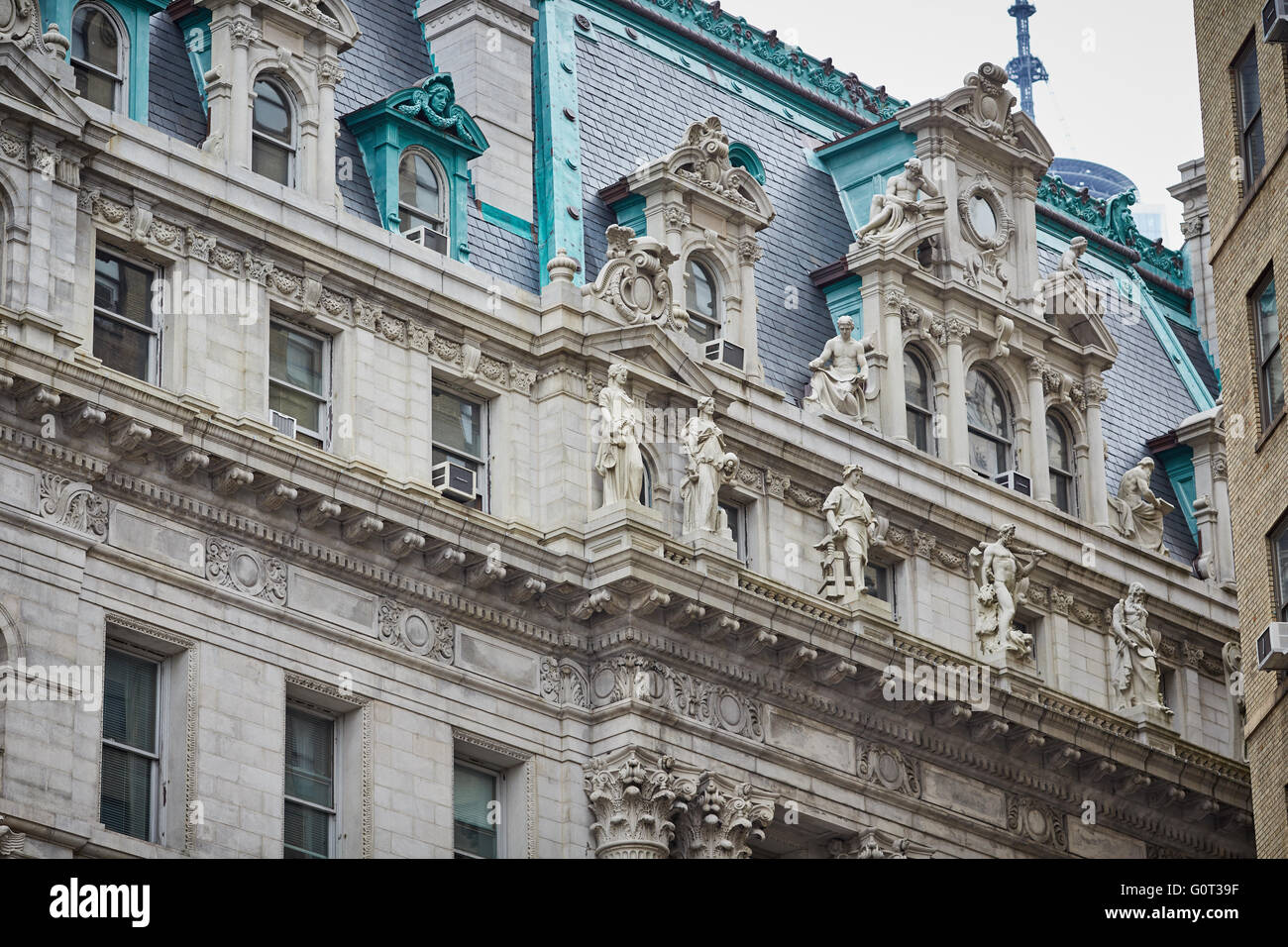 New york statue clad ornate exterior close up detail of The Surrogate's ...
