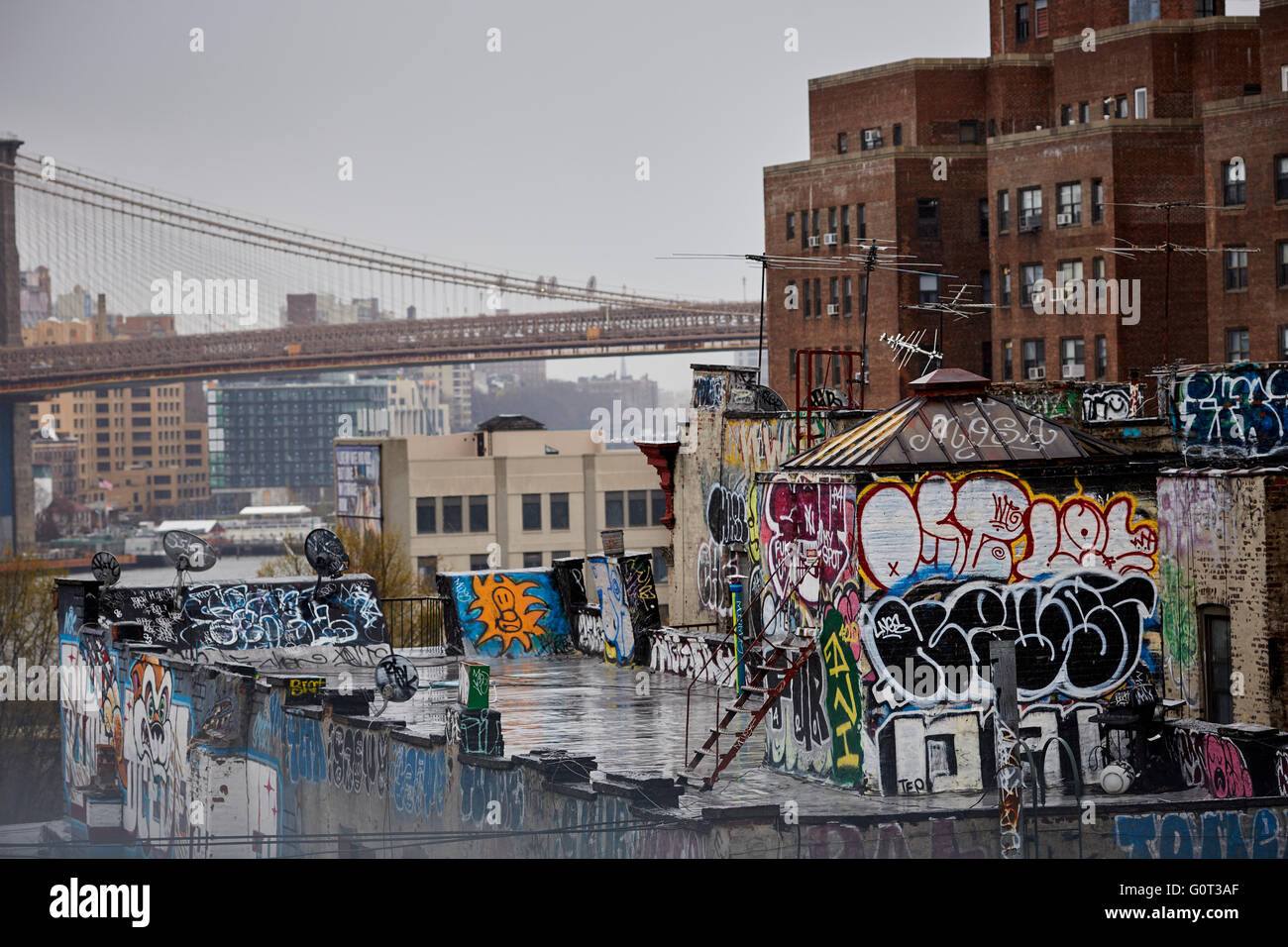 New york View from Manhattan suspension bridge of graffiti on apartment ...