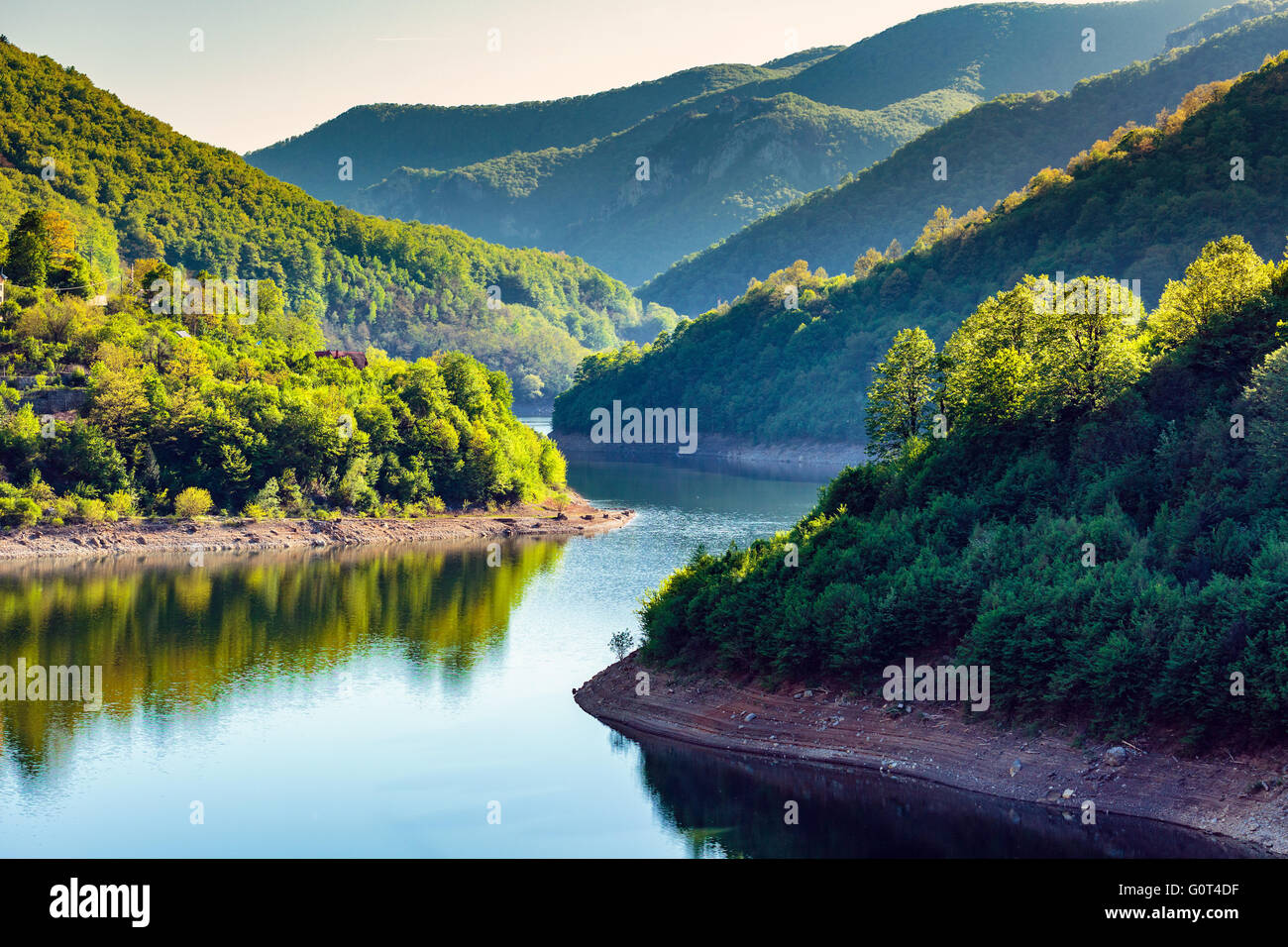 Landscape with lake between mountains covered in forest Stock Photo - Alamy