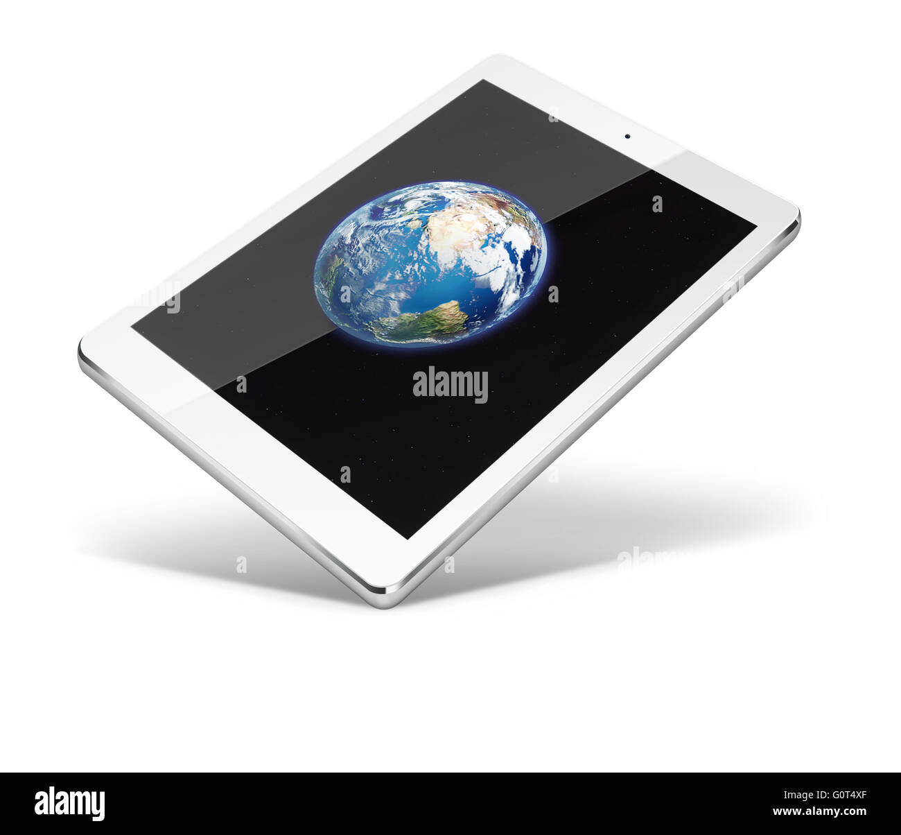 Realistic tablet pc computer with Earth from space on screen isolated ...