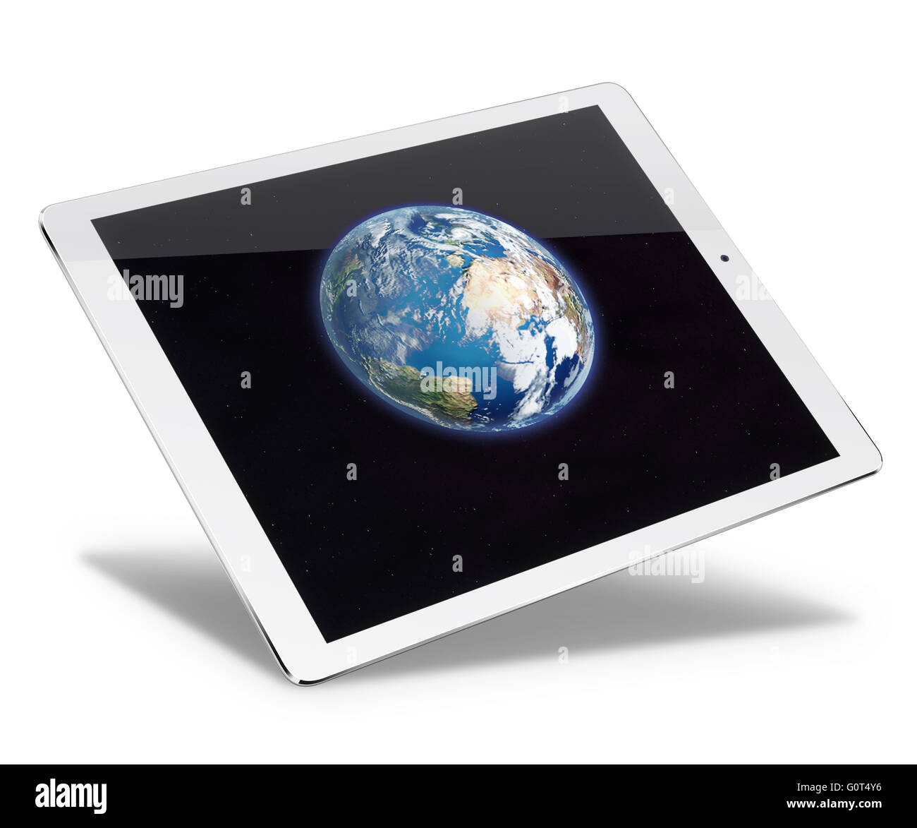 Realistic tablet pc computer with Earth from space on screen isolated ...