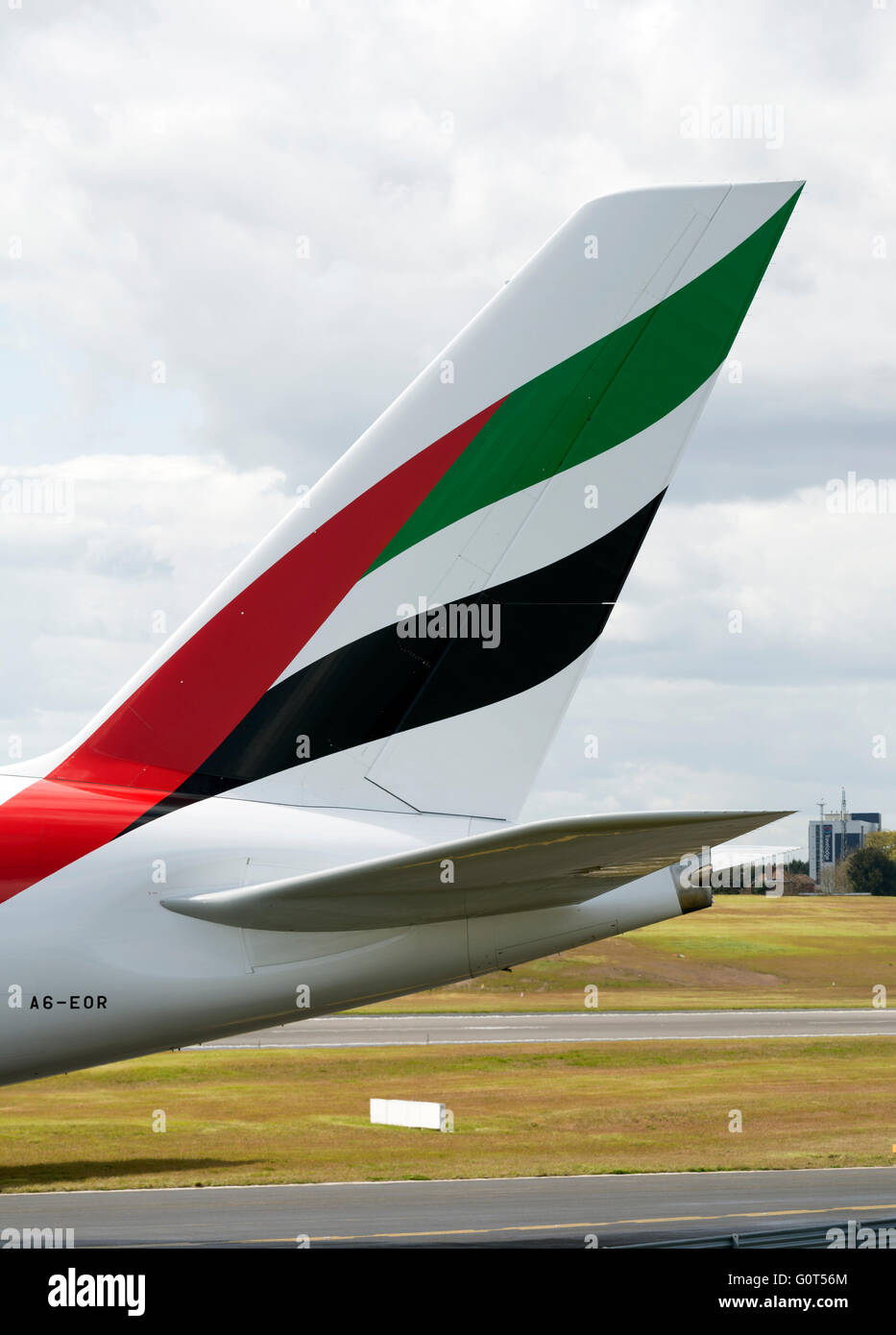 Emirates Airbus A380 tail at Birmingham Airport, UK Stock Photo - Alamy