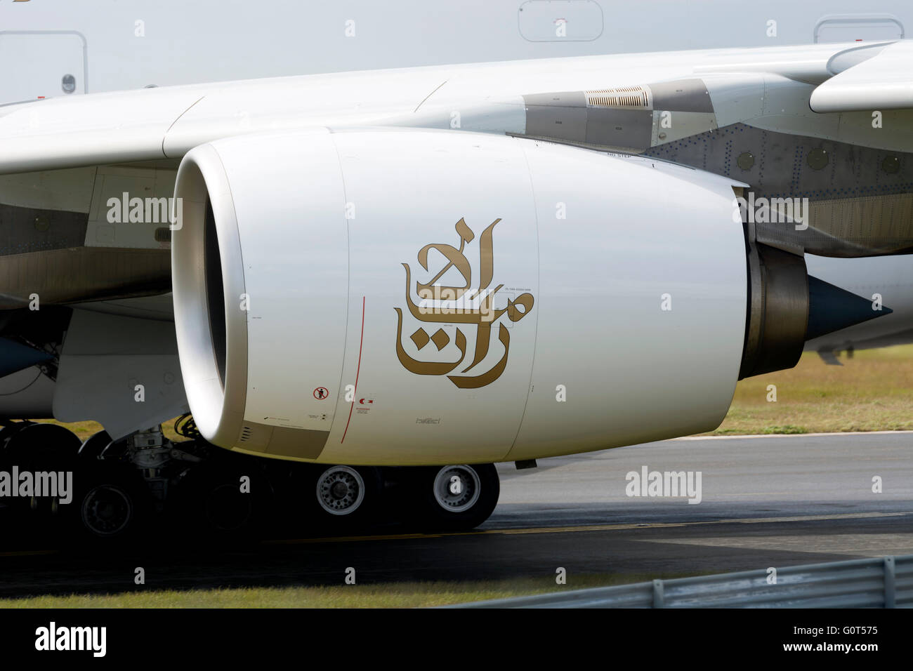 Emirates Airbus A380 jet engine, at Birmingham Airport, UK Stock Photo ...