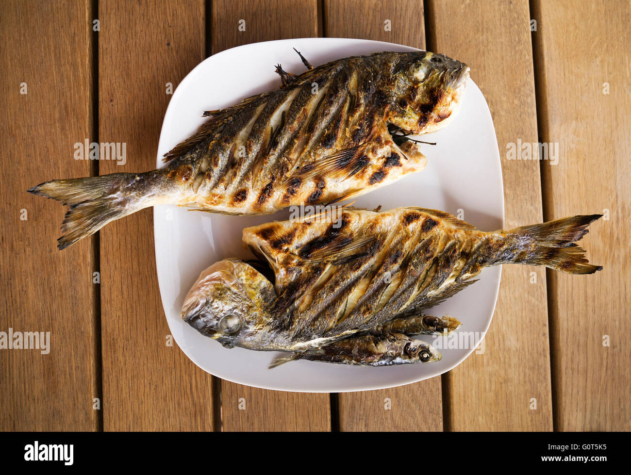 Grilled gilthead fish overhead close up shoot Stock Photo - Alamy