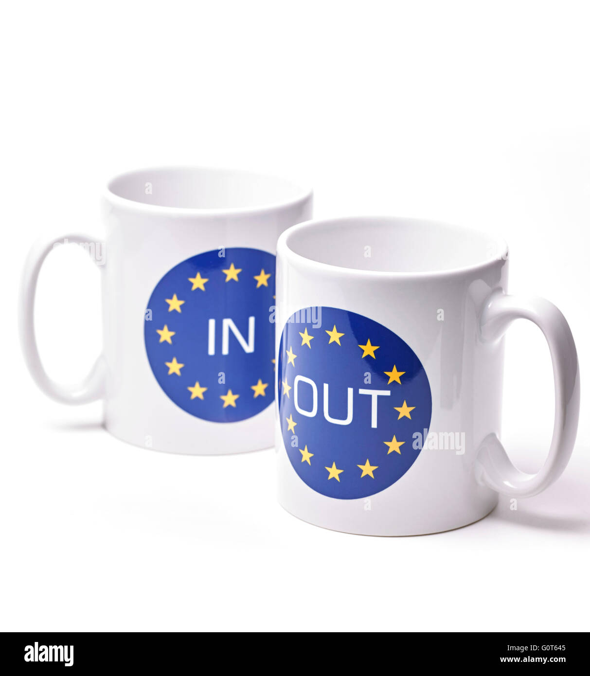 EU Referendum drinks mugs, In and Out, on white background Stock Photo ...