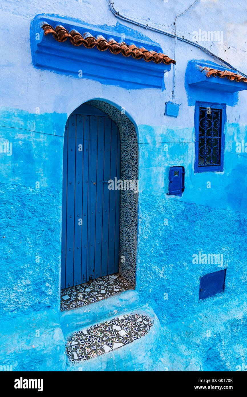 Detail of a door and window in the town of Chefchaouen, in Morocco ...