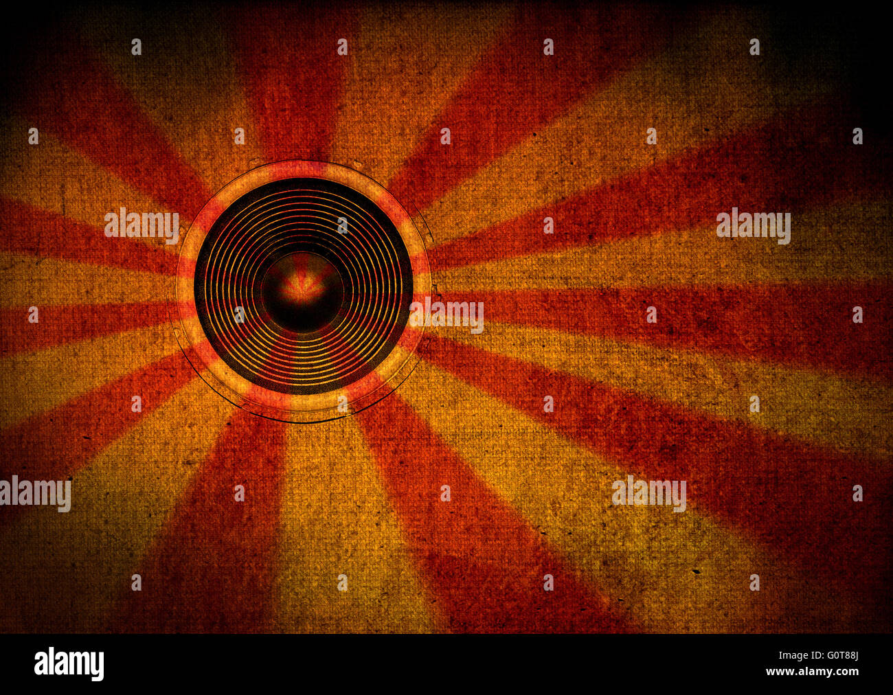 Red and yellow grunge sunburst music speaker Stock Photo - Alamy