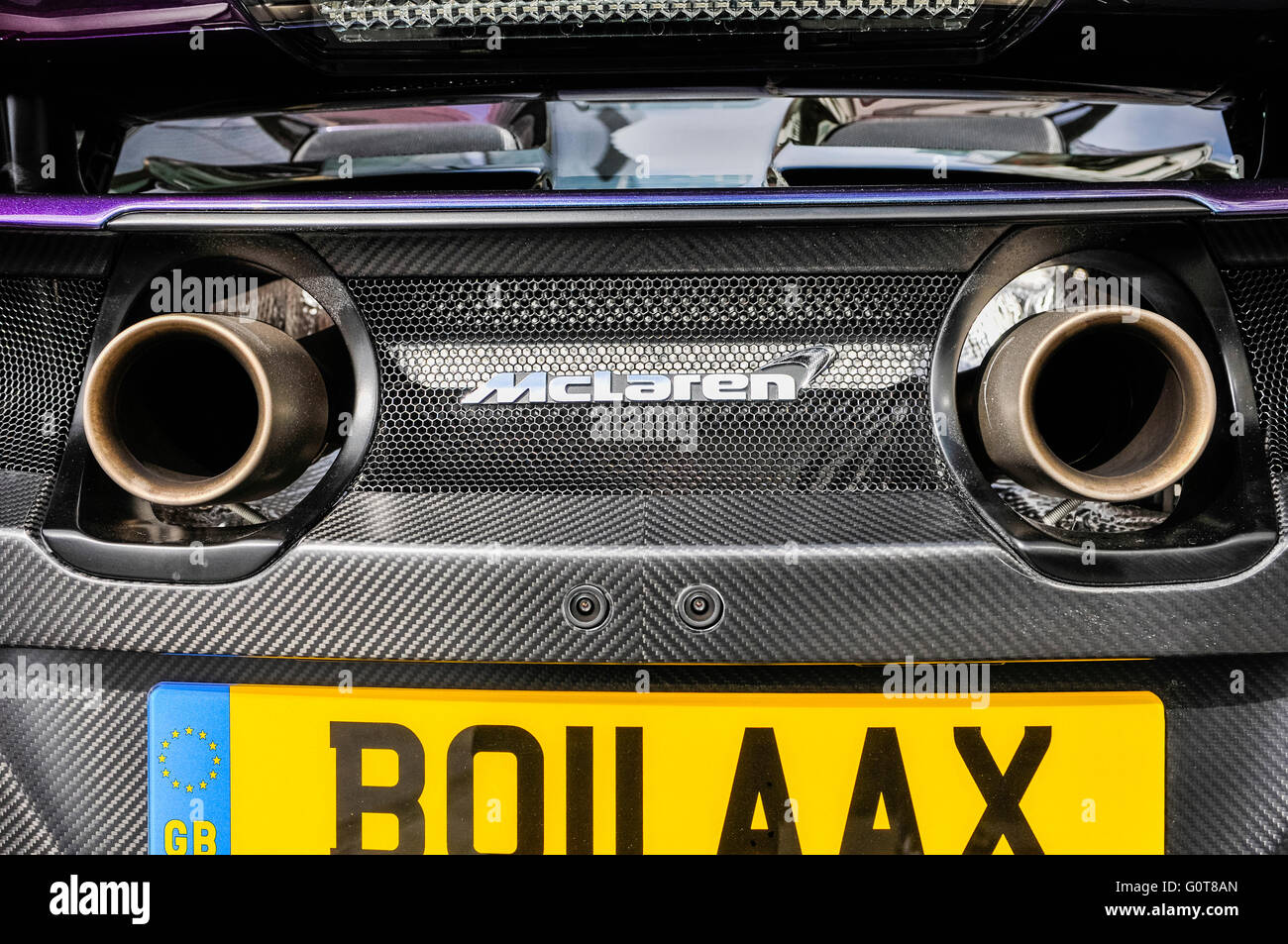 McLaren badge and exhausts on the rear of a 675LT, with registration ...