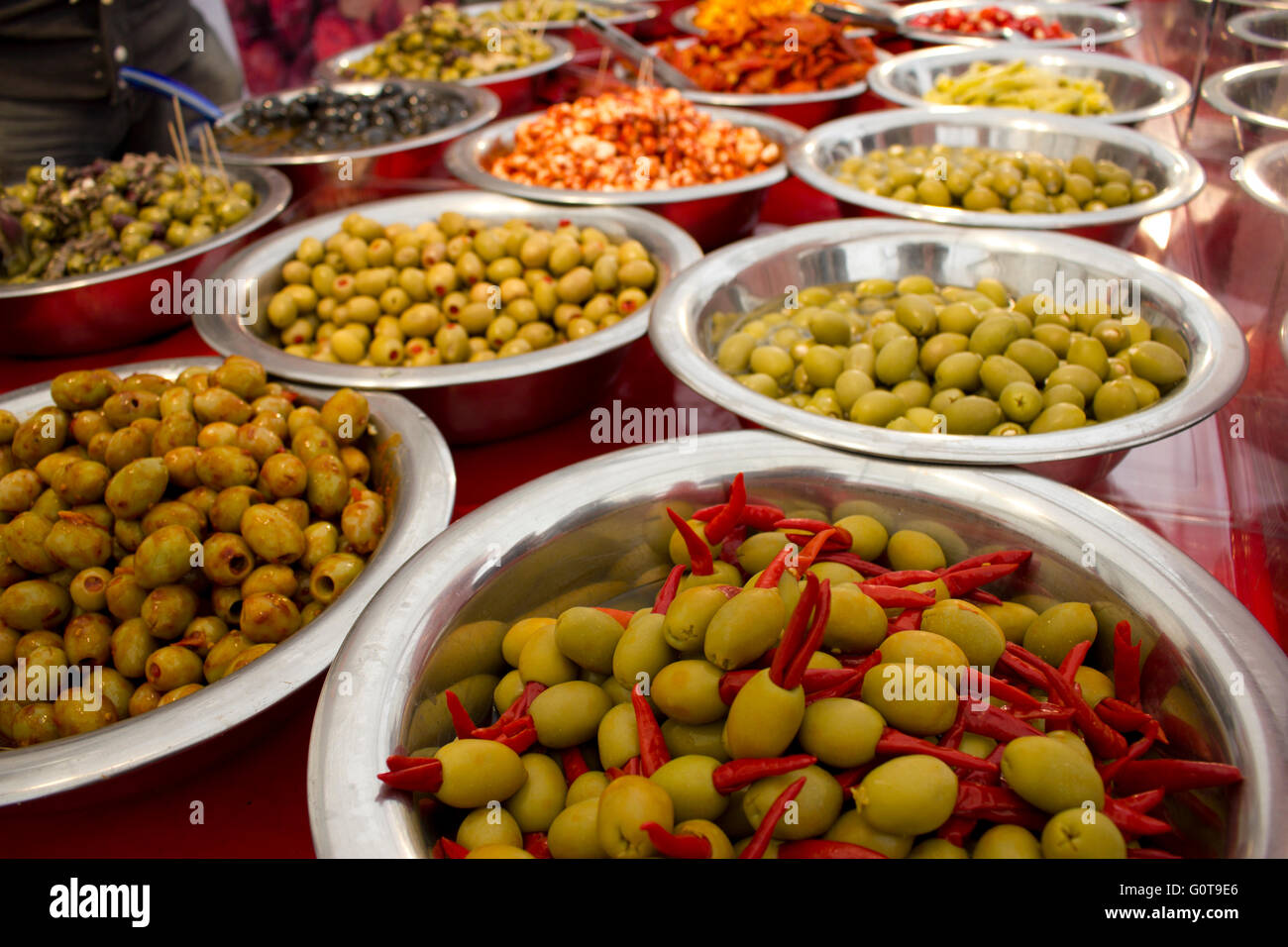 Chili and Olives in Bowls Being Sold Stock Photo - Alamy