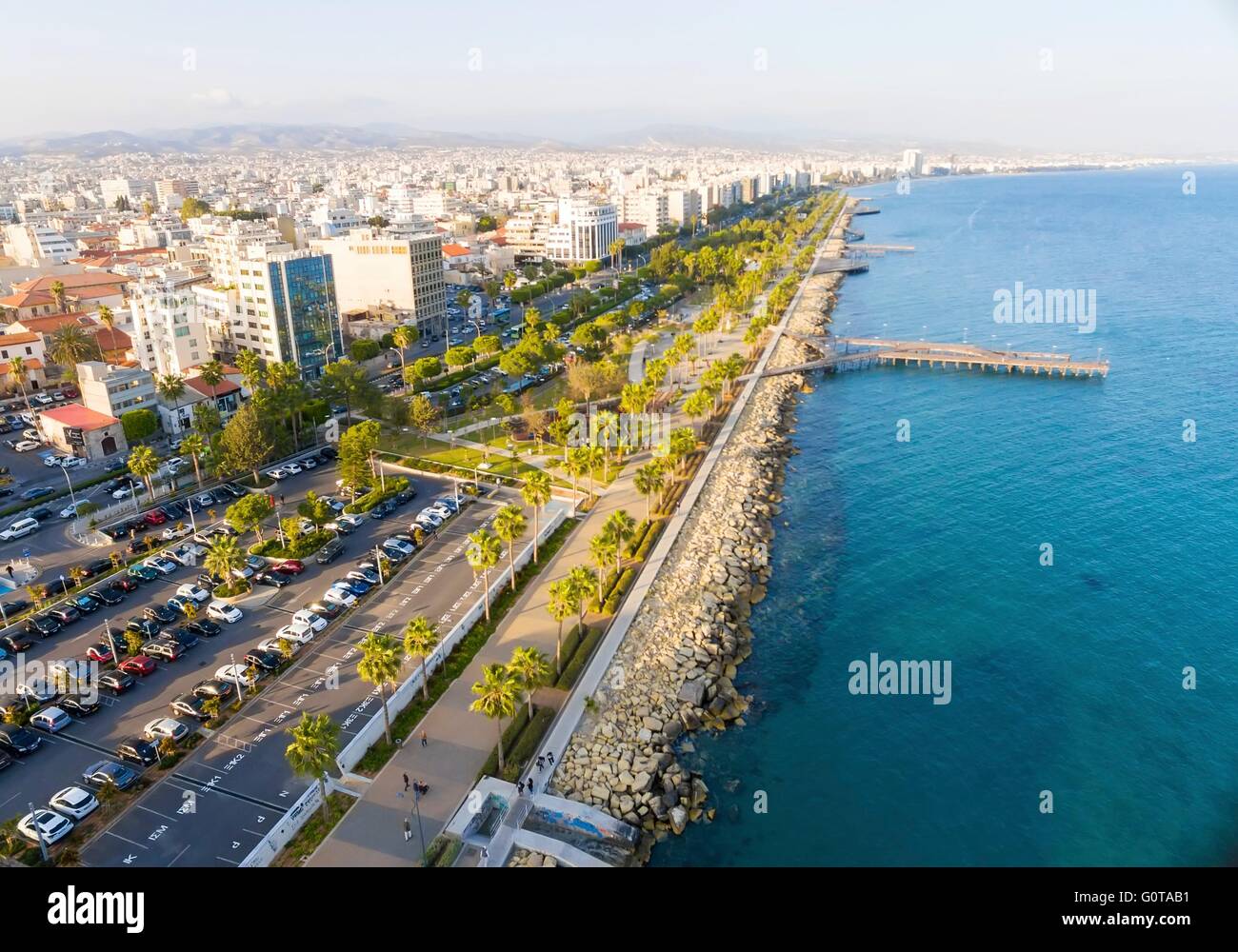 Aerial view of Molos Promenade on the coast of Limassol city in Cyprus ...