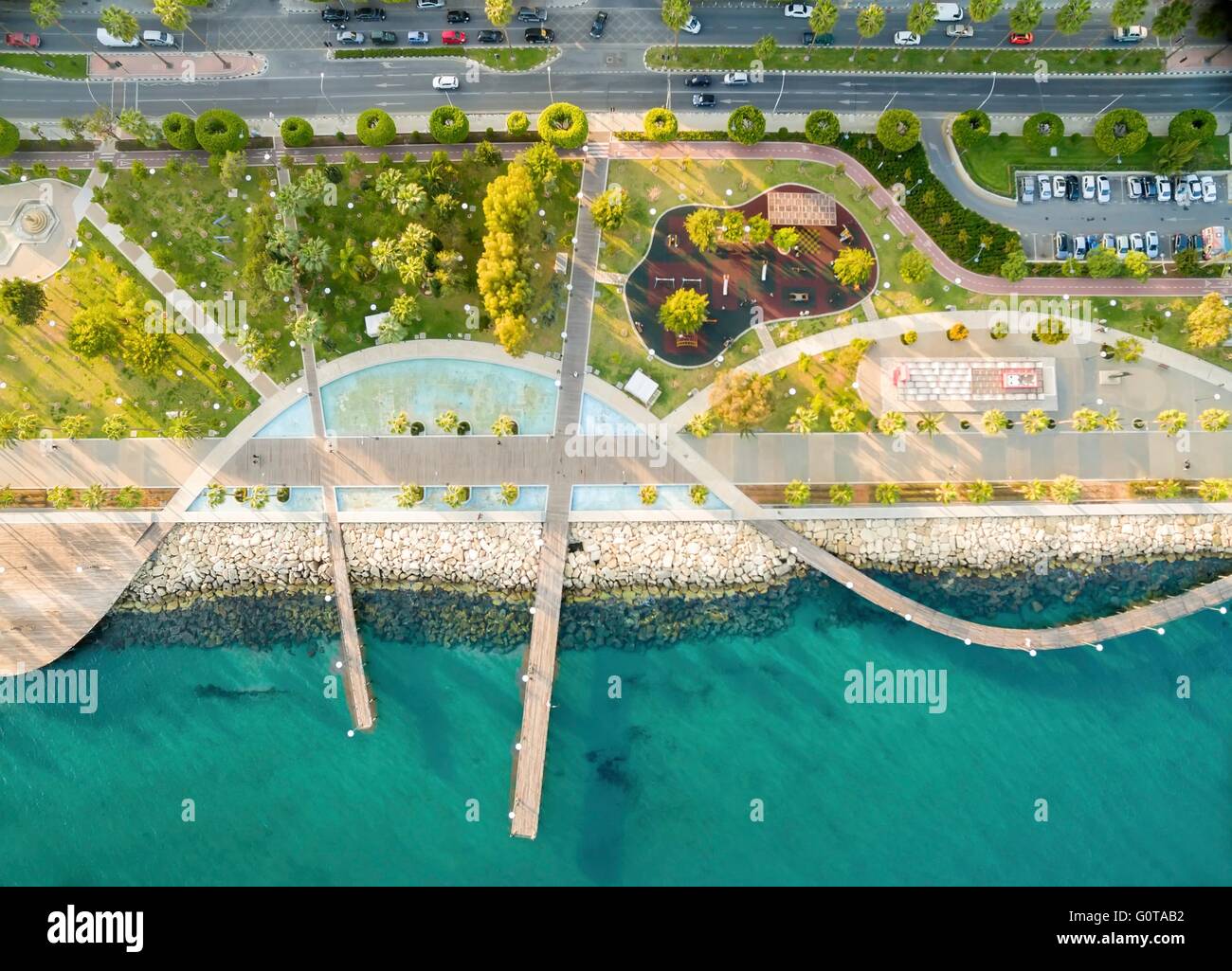 Aerial view of Molos Promenade on the coast of Limassol city in Cyprus ...