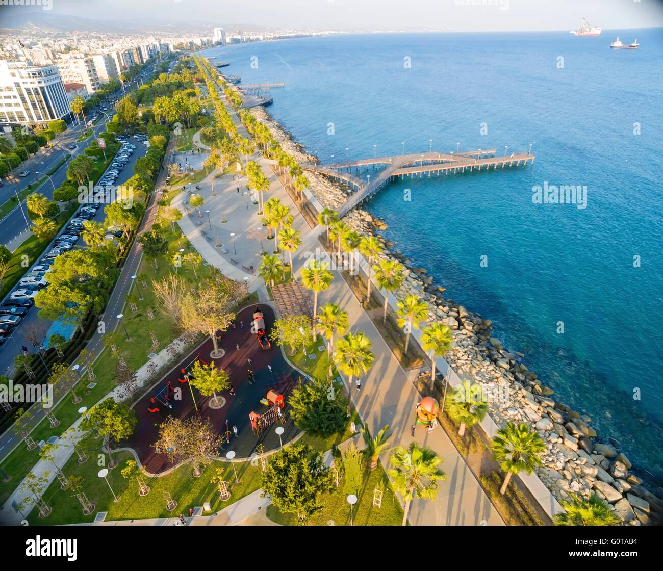 Aerial view of Molos Promenade on the coast of Limassol city in Cyprus ...