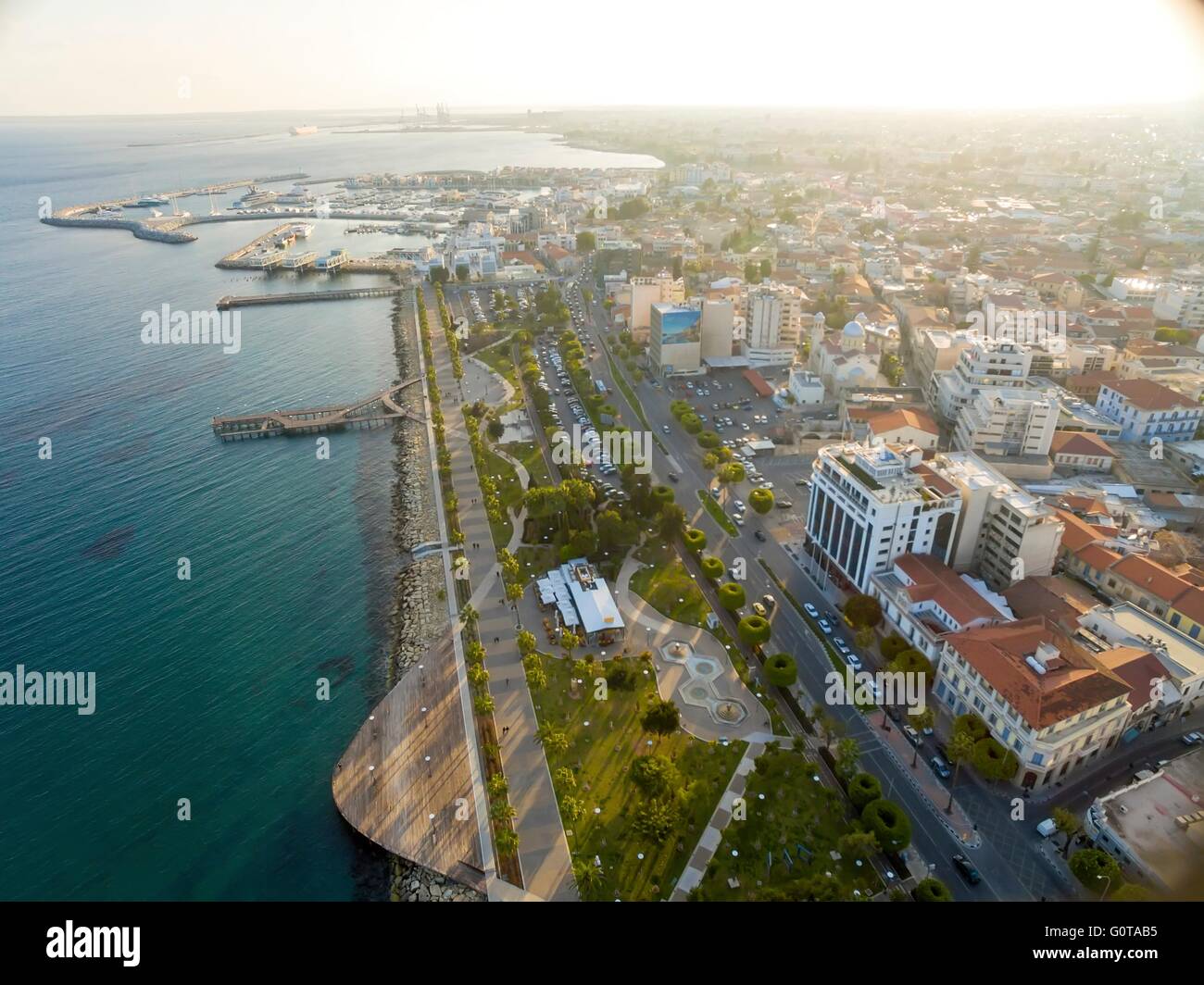Aerial view of Molos Promenade on the coast of Limassol city in Cyprus ...