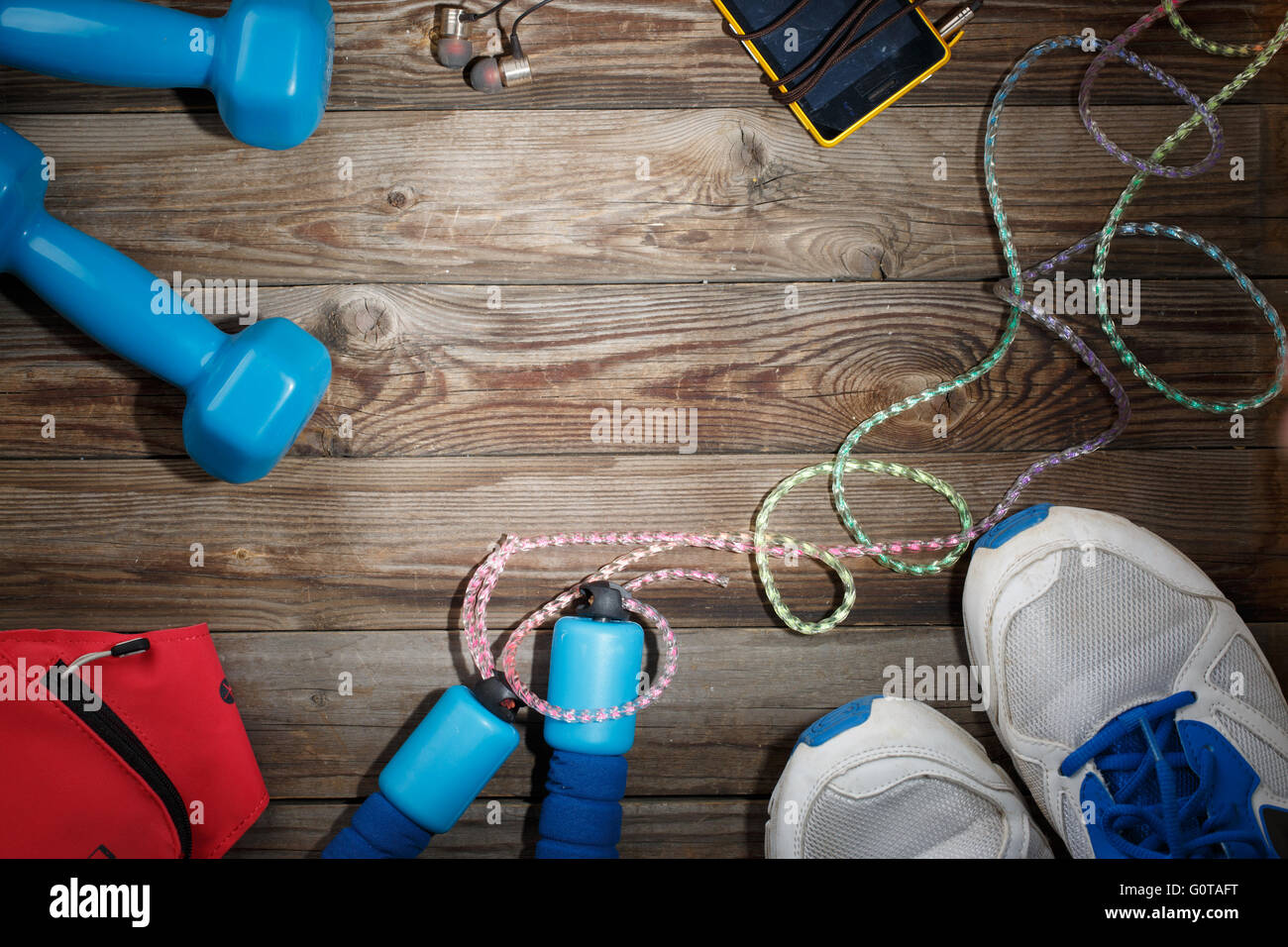 Sport stuff on wooden table, top view Stock Photo - Alamy
