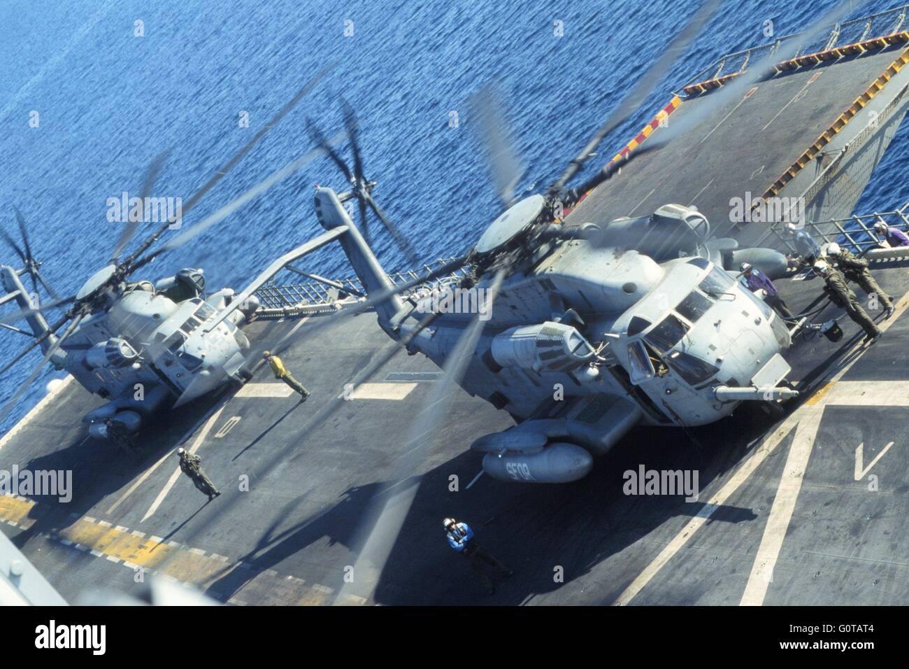 US Marines transport helicopters CH 53 on the US Navy amphibious ...