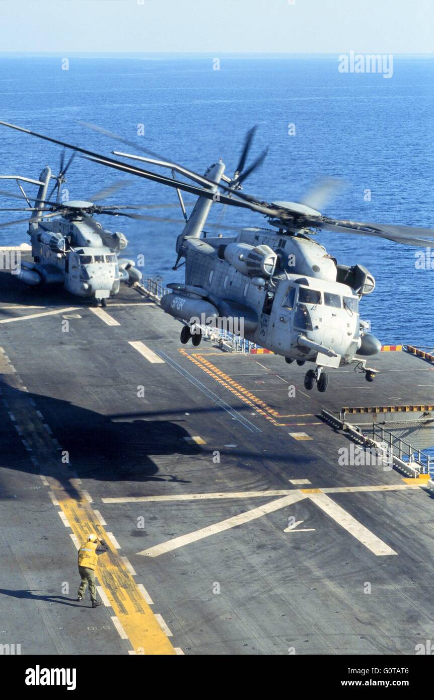 US Marines transport helicopters CH 53 on the US Navy amphibious ...