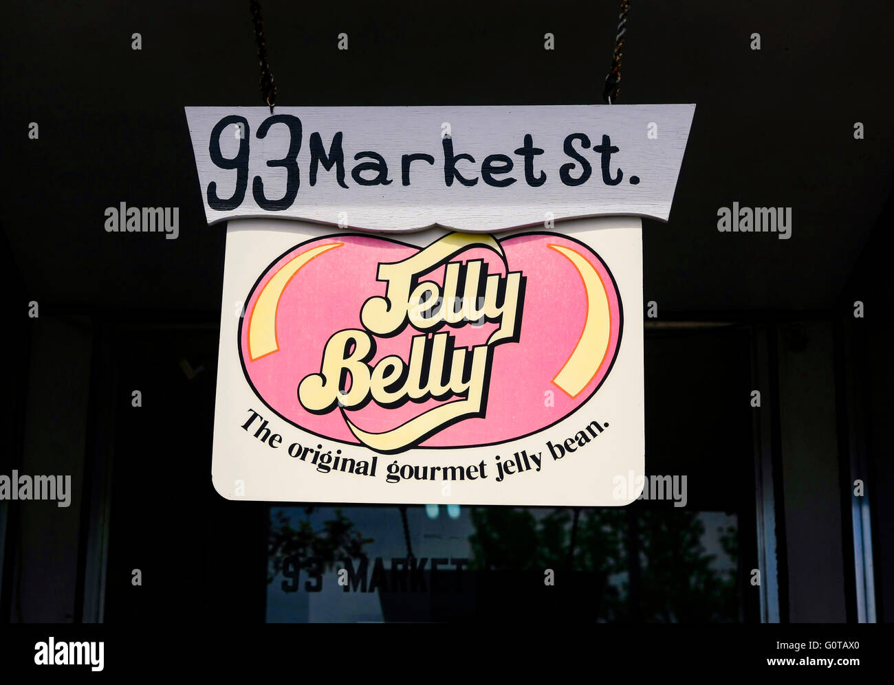 Jelly Belly candy company overhead sign in Apalachicola city on the ...