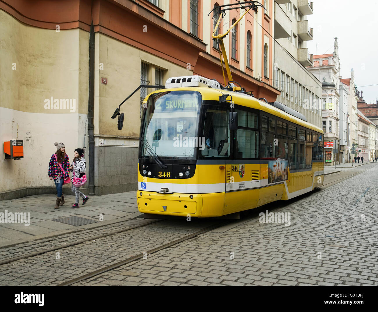 Plzen Vario LF Tramcar at Solní Pošta Tram Stop -1 Stock Photo - Alamy