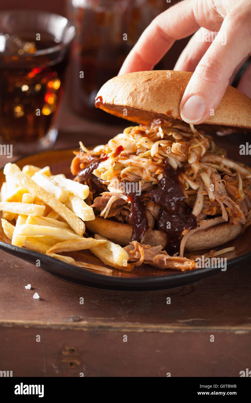 homemade pulled pork burger with coleslaw and bbq sauce Stock Photo - Alamy
