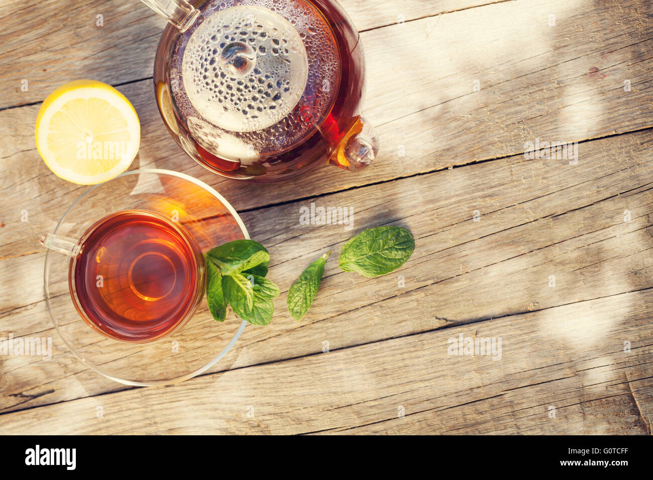 Breakfast tea on table in sunny garden. Top view with copy space Stock ...