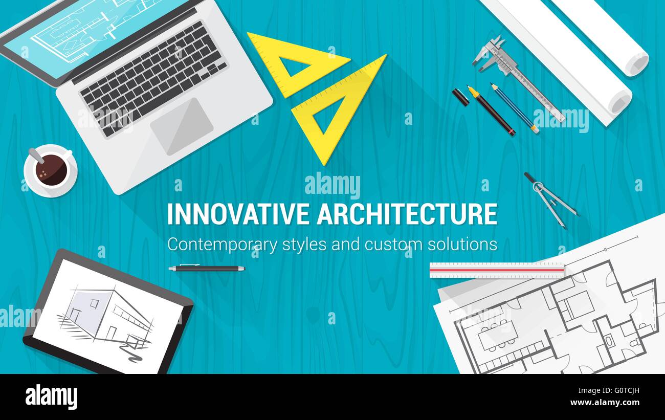 Architect desktop with tools including laptop, tablet and building plan ...