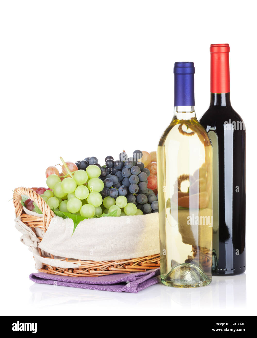 White and red wine bottles and grapes. Isolated on white background ...