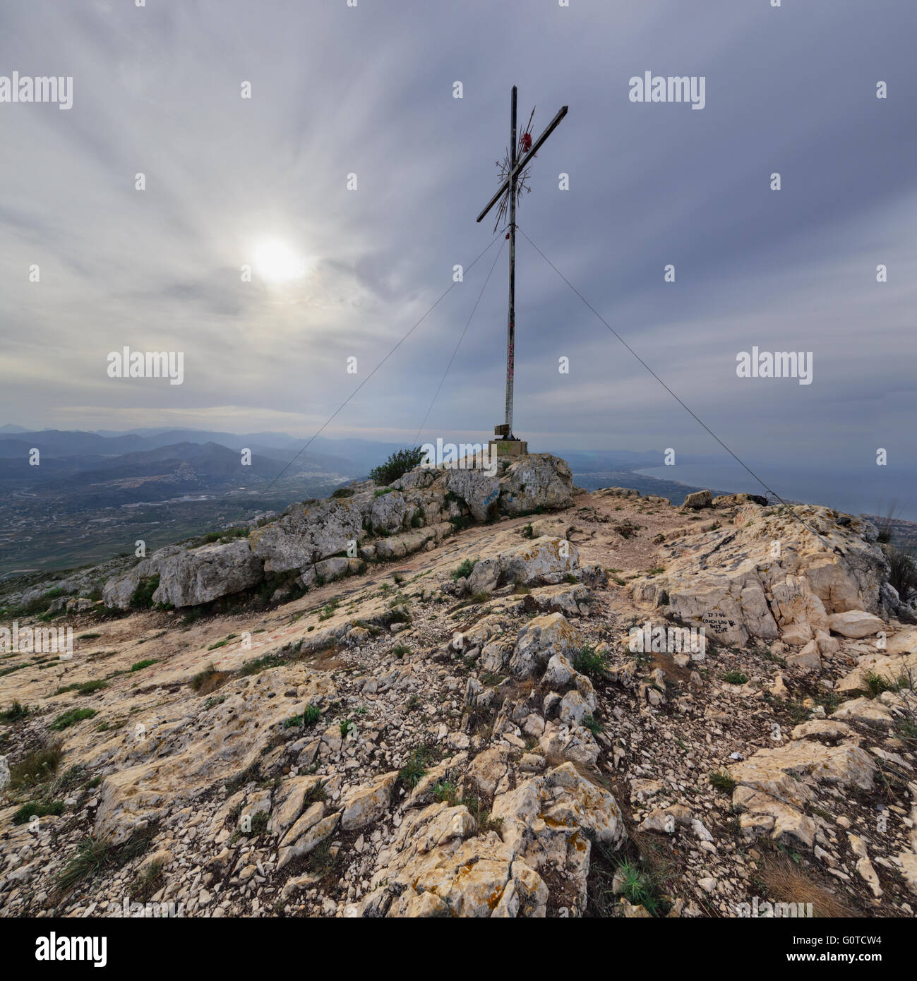 Cross on the top of the mountain Montgo, Denia, Spain Stock Photo - Alamy