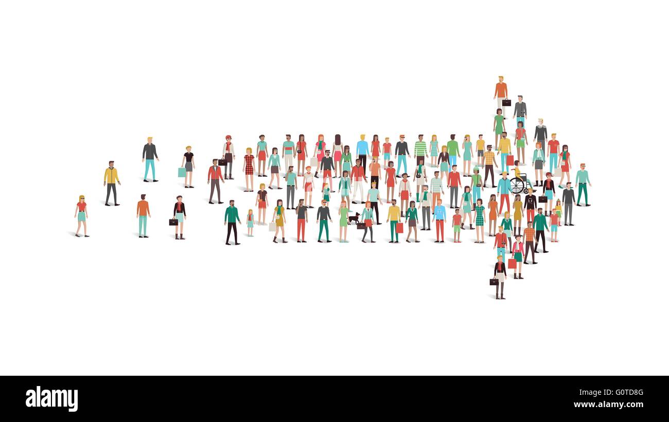 Crowd of people gathered in an arrow shape, leadership, choice and ...