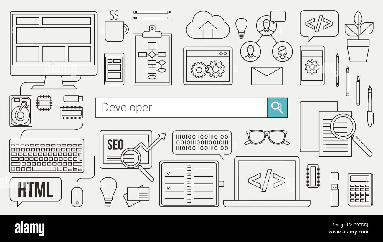 Web and software developer banner with seacrh bar and thin line objects ...