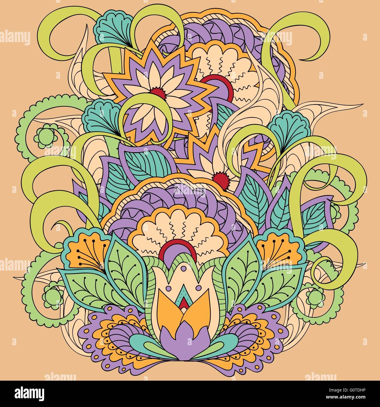 Hand drawn doodle colorful floral image with mandalas in boho style ...
