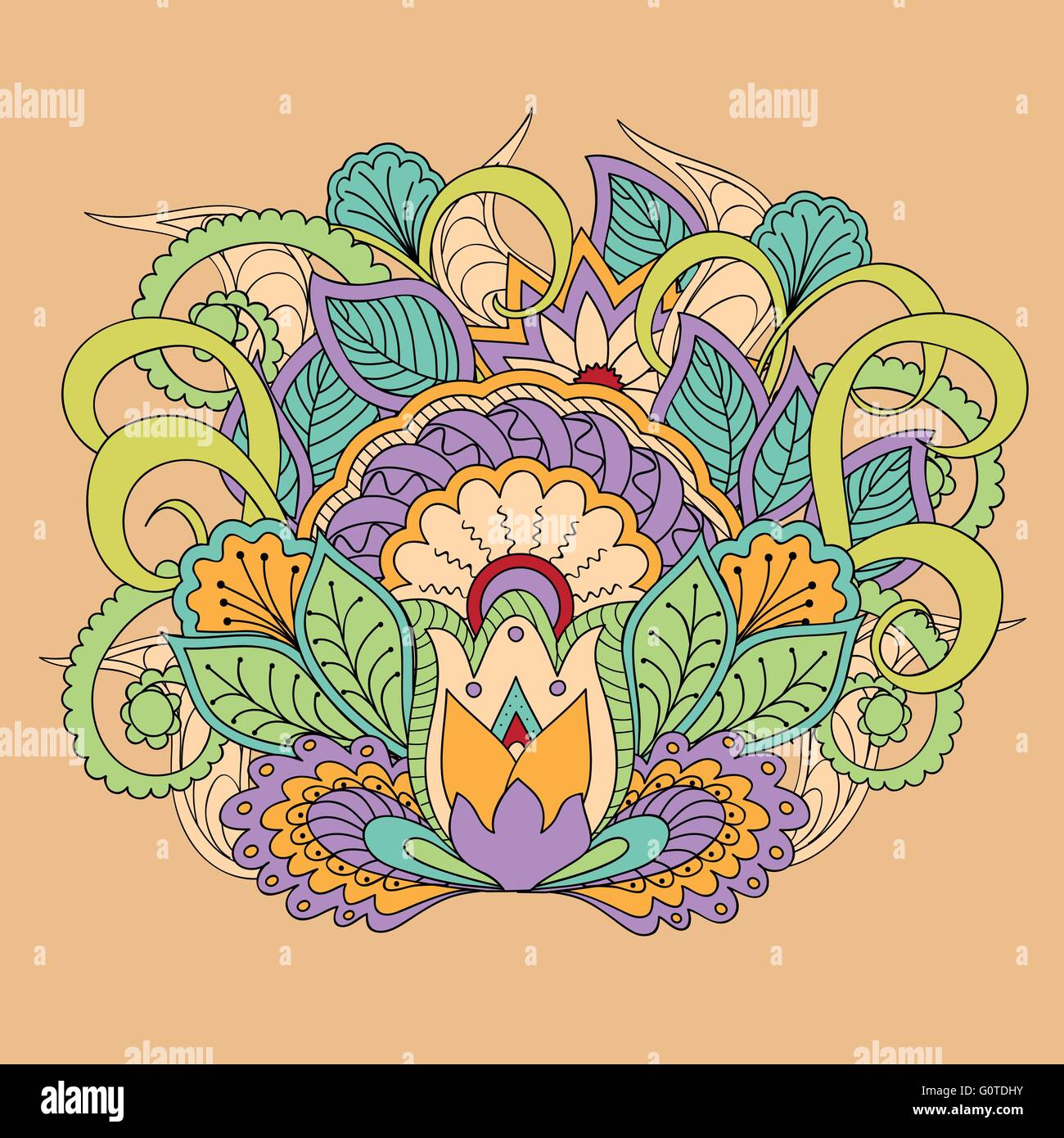 Hand drawn doodle colorful floral image with mandala in boho style ...