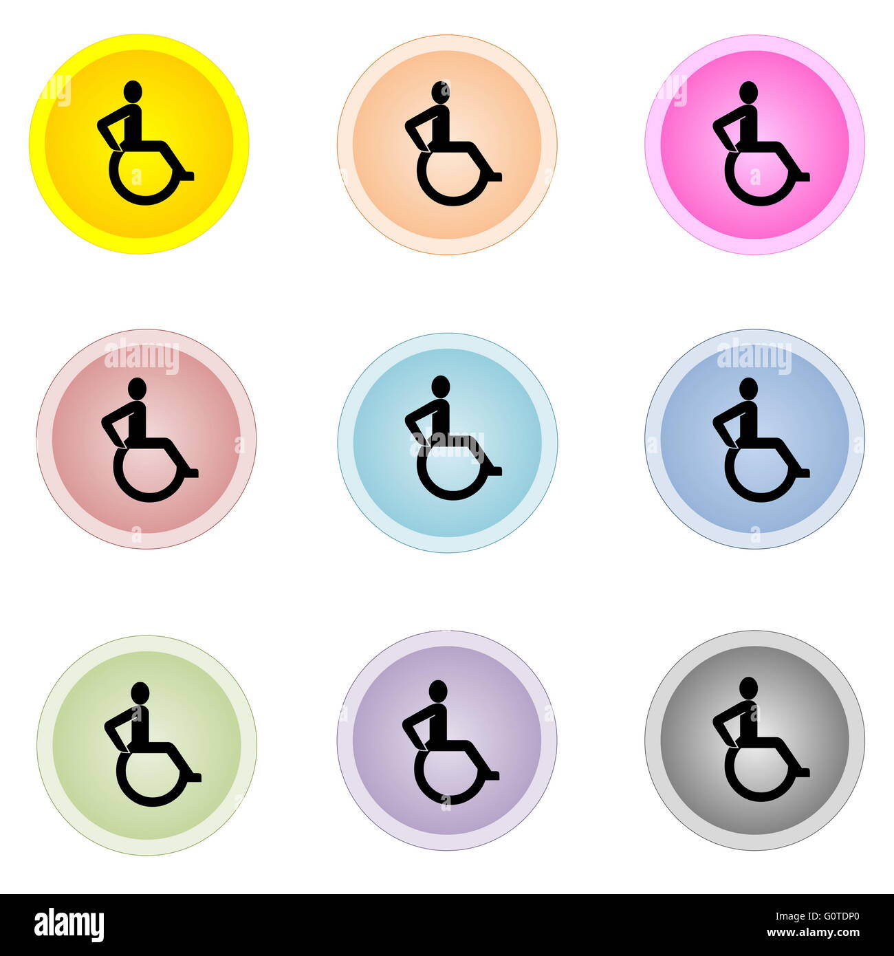 Set of nine colorful buttons with handicap, disable sign isolated in ...