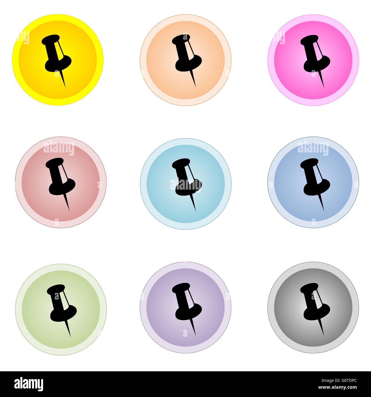 Set of nine colorful buttons with pin isolated in white background ...